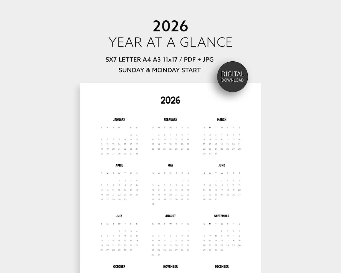 2026 Year At A Glance Calendar, One Page Yearly Calendar, Annual Wall ...