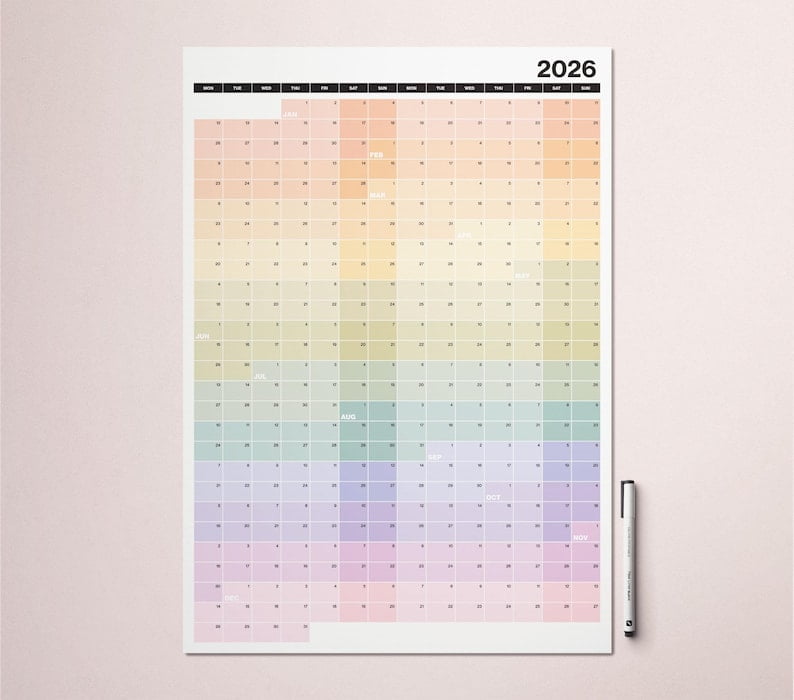 2026 Year Wall Calendar Poster, Full Year Rainbow Planner, Minimalist ...