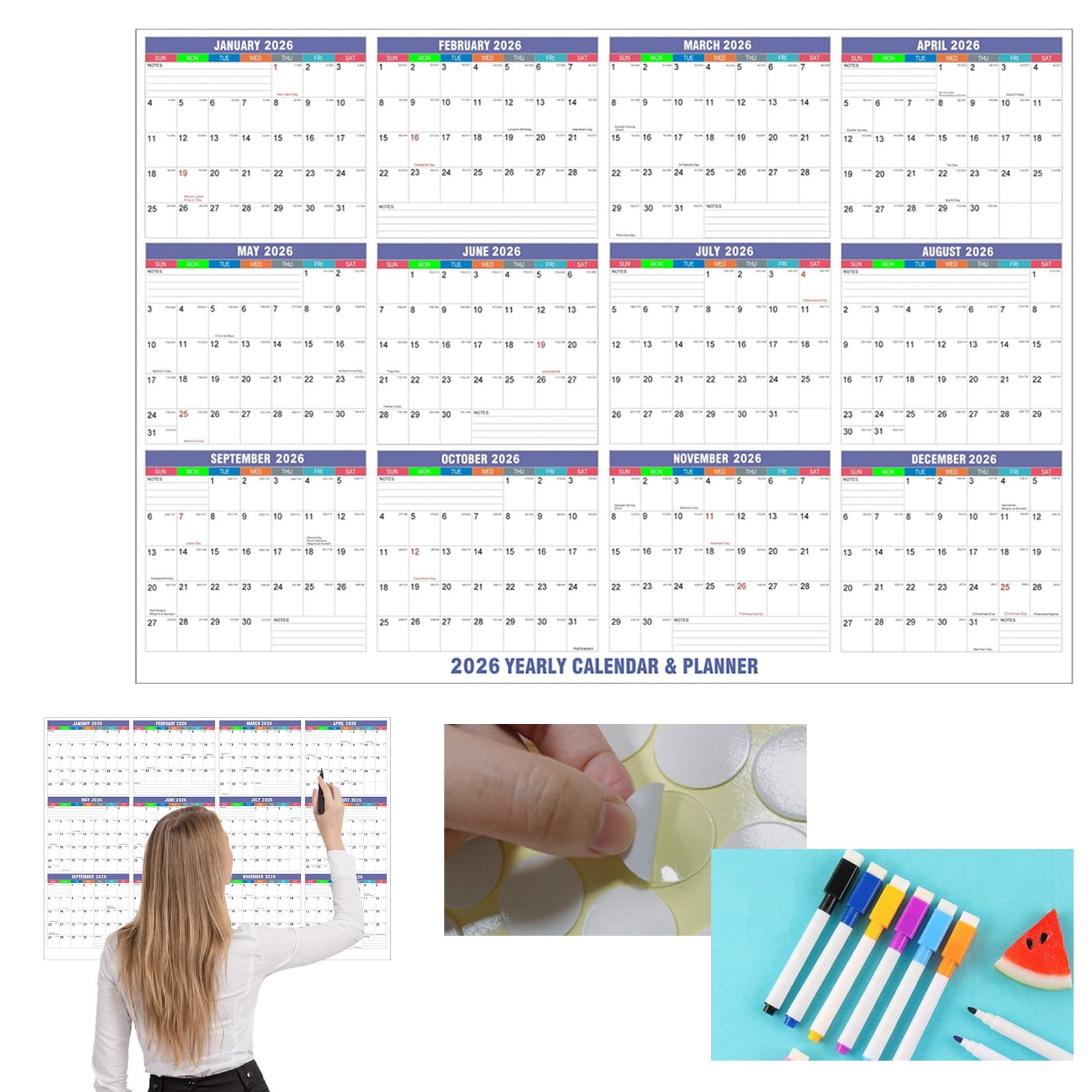 2026 Yearly Wall Calendar, 2026 Reusable Wall Calendar Double Erasable ...
