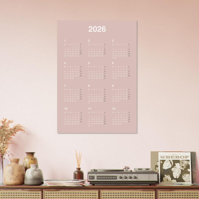 2026 Yearly Wall Calendar Poster, Soft Pink Minimal Design, Elegant ...