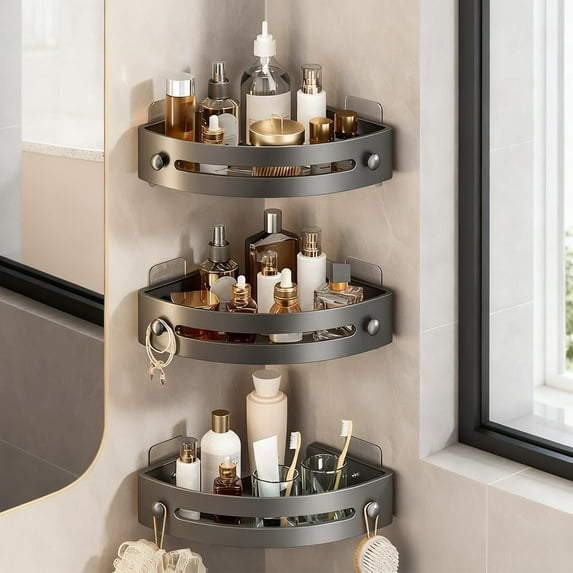 2026NE Wbathroom triangle shelf suction Shower Shelves, No Drill Triangle Shower Caddy with ...
