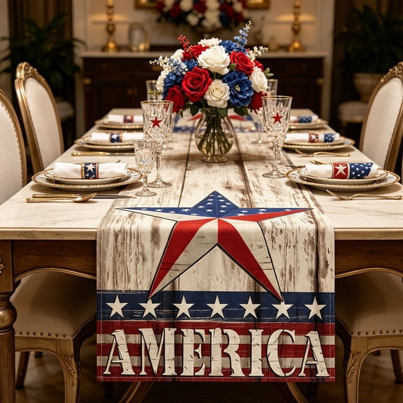 2026New Home DecorPatriotic Star Table Runner Set Red White Blue ...