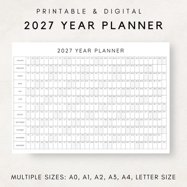 2027 Year Planner Printable, Yearly Planning Calendar, Calendar Poster ...
