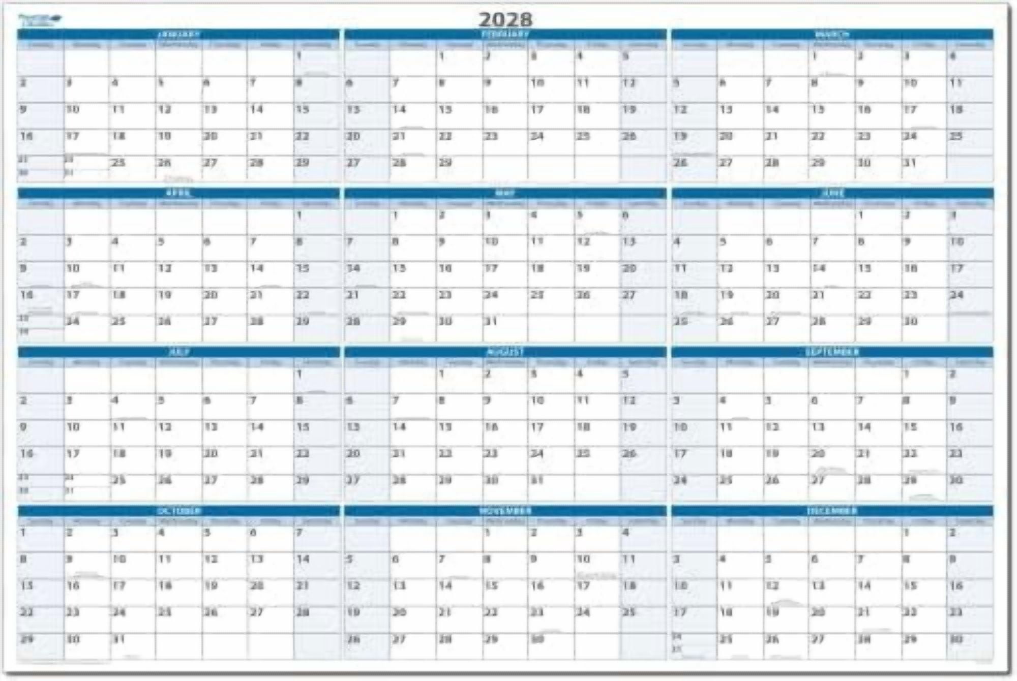 2028 Annual 32" tall x 48" wide 12-Month Horizontal Sky Blue Wet & Dry ...