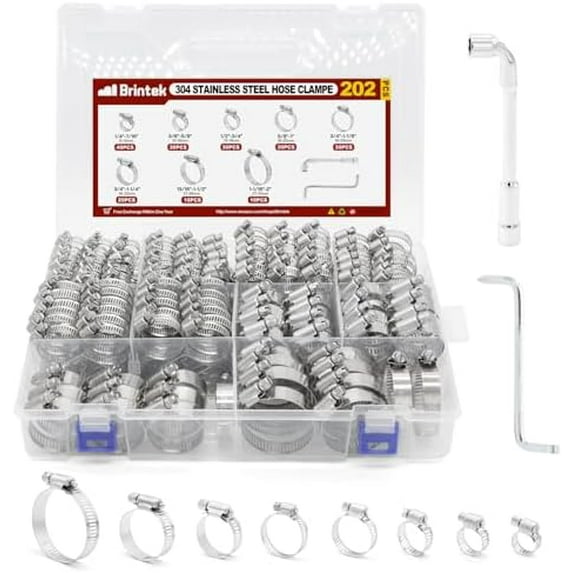 202PCS Hose Clamp Assortment, 1/4”-2”(6-51mm) Adjustable Stainless ...