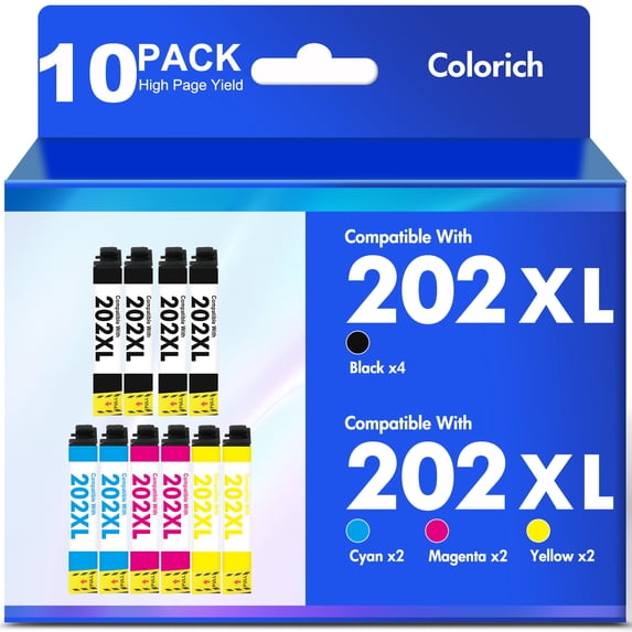 202XL Ink Cartridges 10 Pack Compatible for Epson 202XL 202 Printer Ink ...