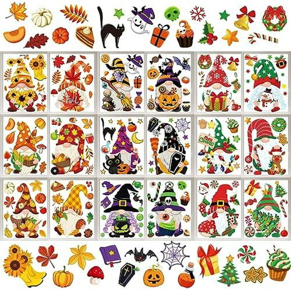204Pcs Christmas Thanksgiving Halloween Gnome Window Clings Colorful ...