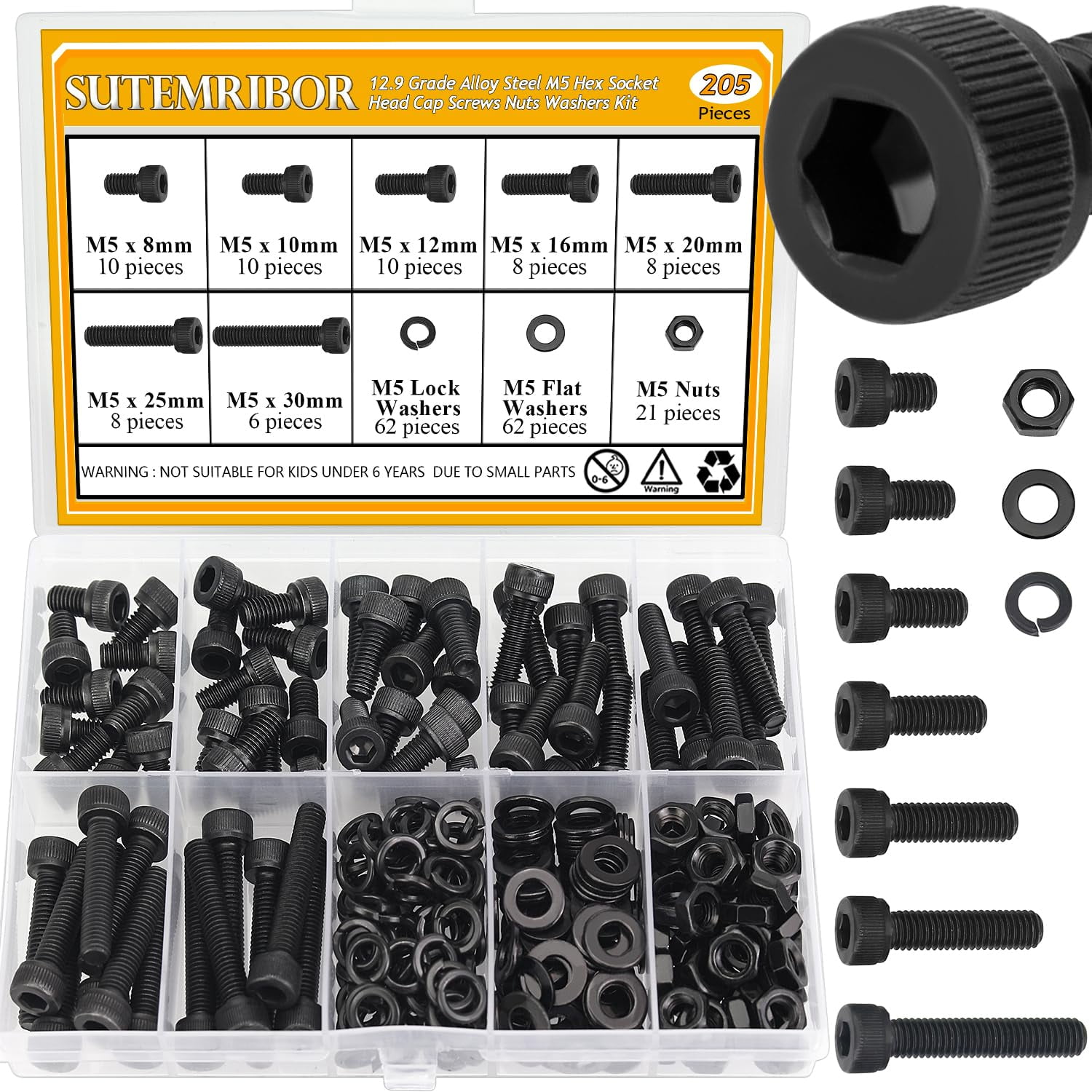 205 Pieces M5 Screws Nuts Washers Set Black, M5 x 8/10/12/16/20/25/30mm ...