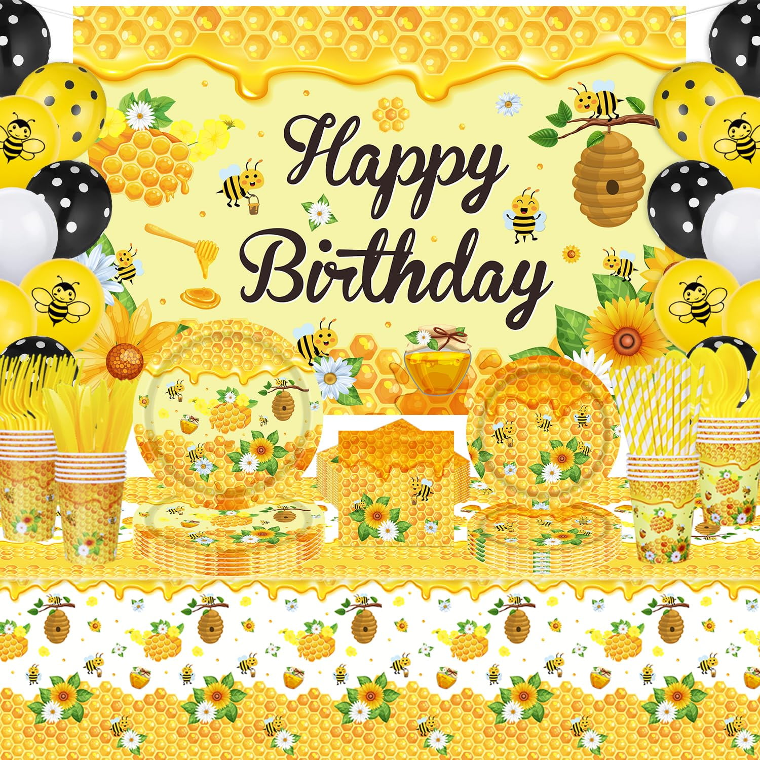 206 Pack Bee CORNET Birthday Party Supplies Bee Backdrop Banner Bee ...