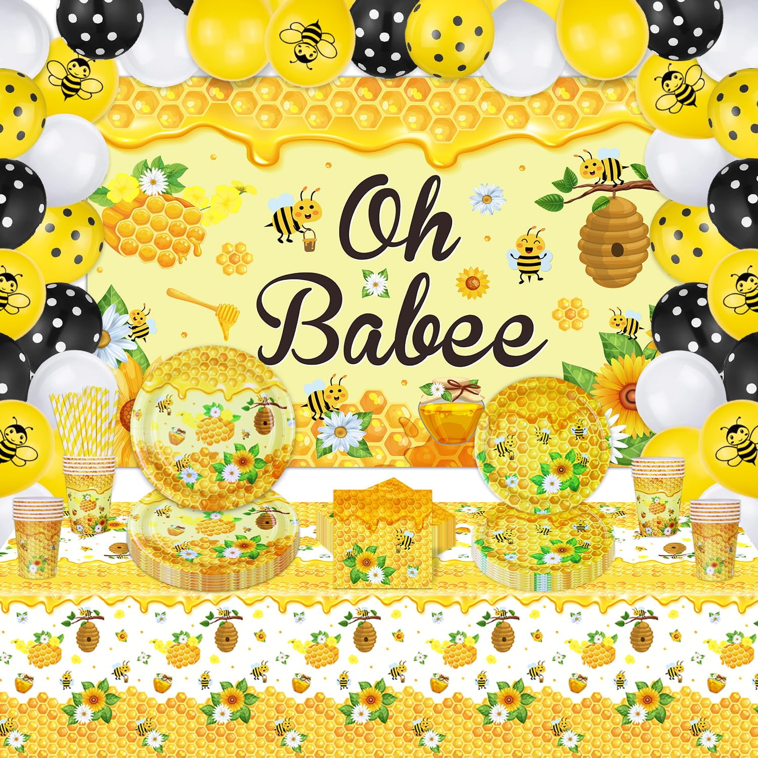 206 Pack Bee Party Supplies Honey Bee Party Deco Oh Baby Bee Backdrop ...