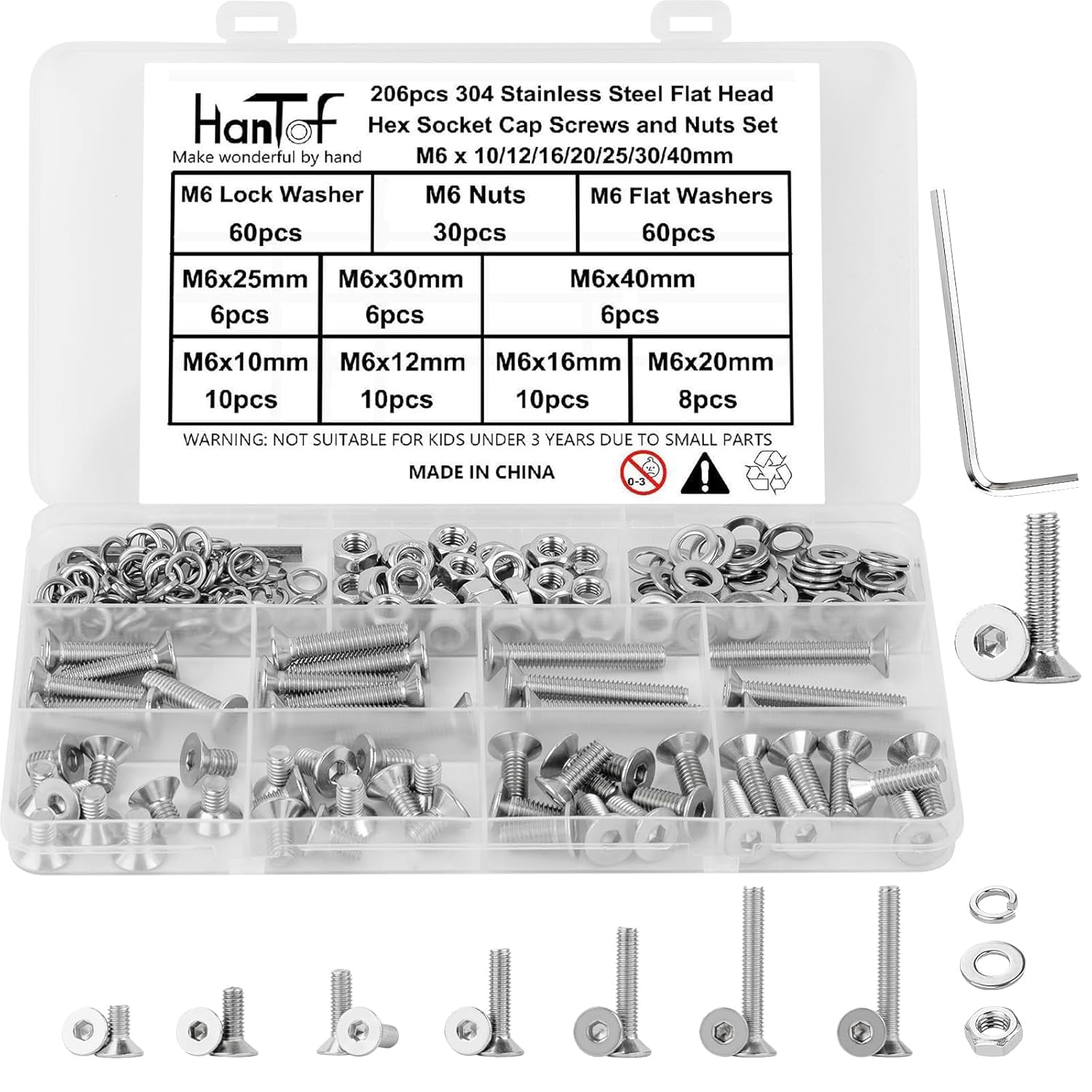206 Pcs Metric M6 Flat Head Hex Socket Cap Screws Assortment Kit, M6x ...