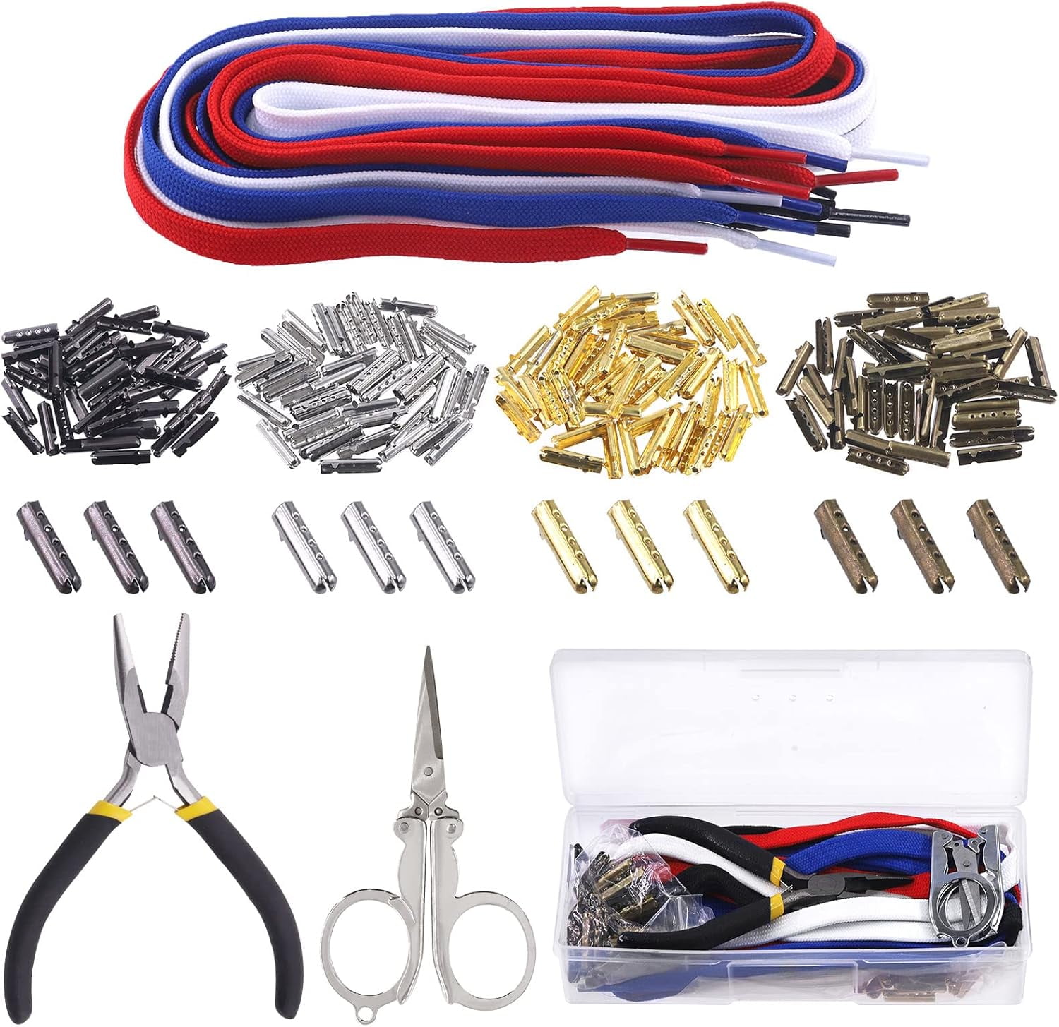 207Pcs 4 Colors 4x20mm Metal Aglets Bullet Shaped Shoelaces Tips Head ...