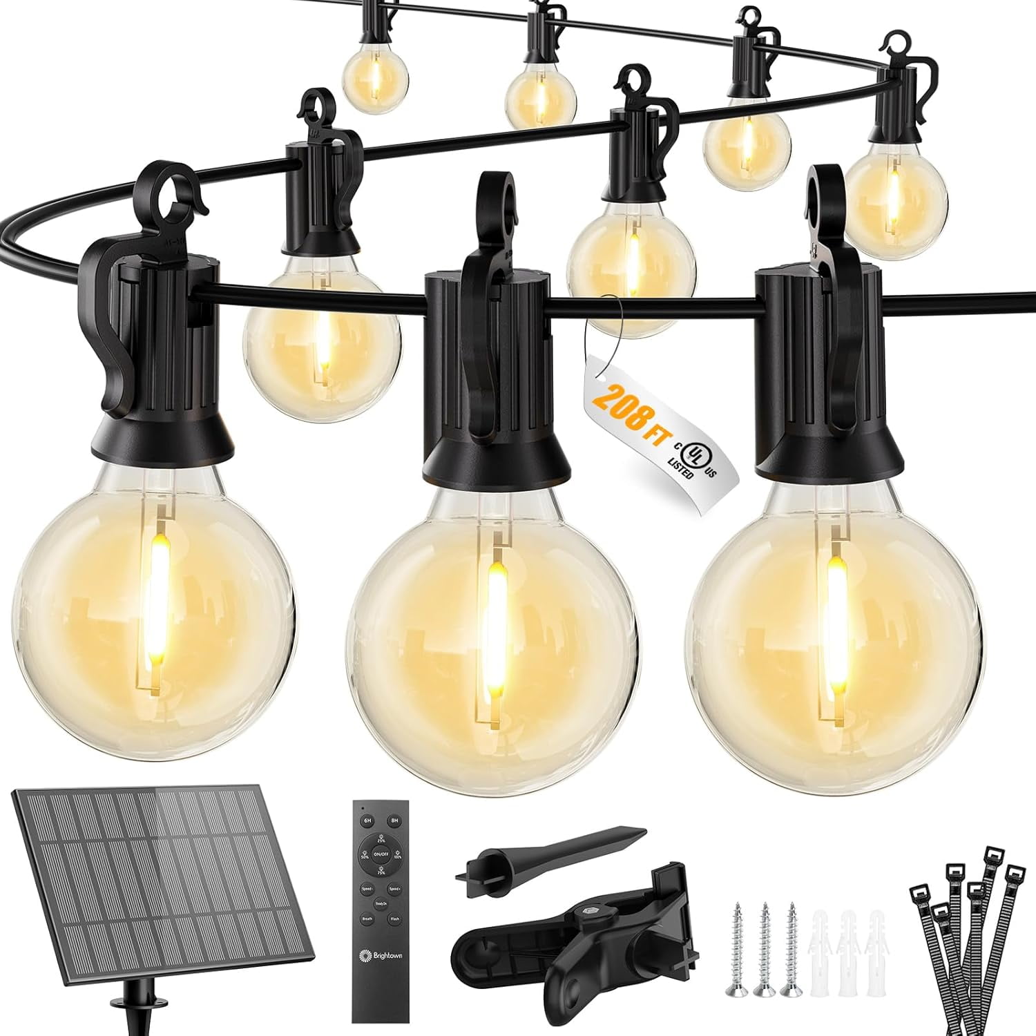 208FT Solar String Lights Outdoor with Remote and 102 LED Shatterproof Bulbs, Dimmable & Timable ...