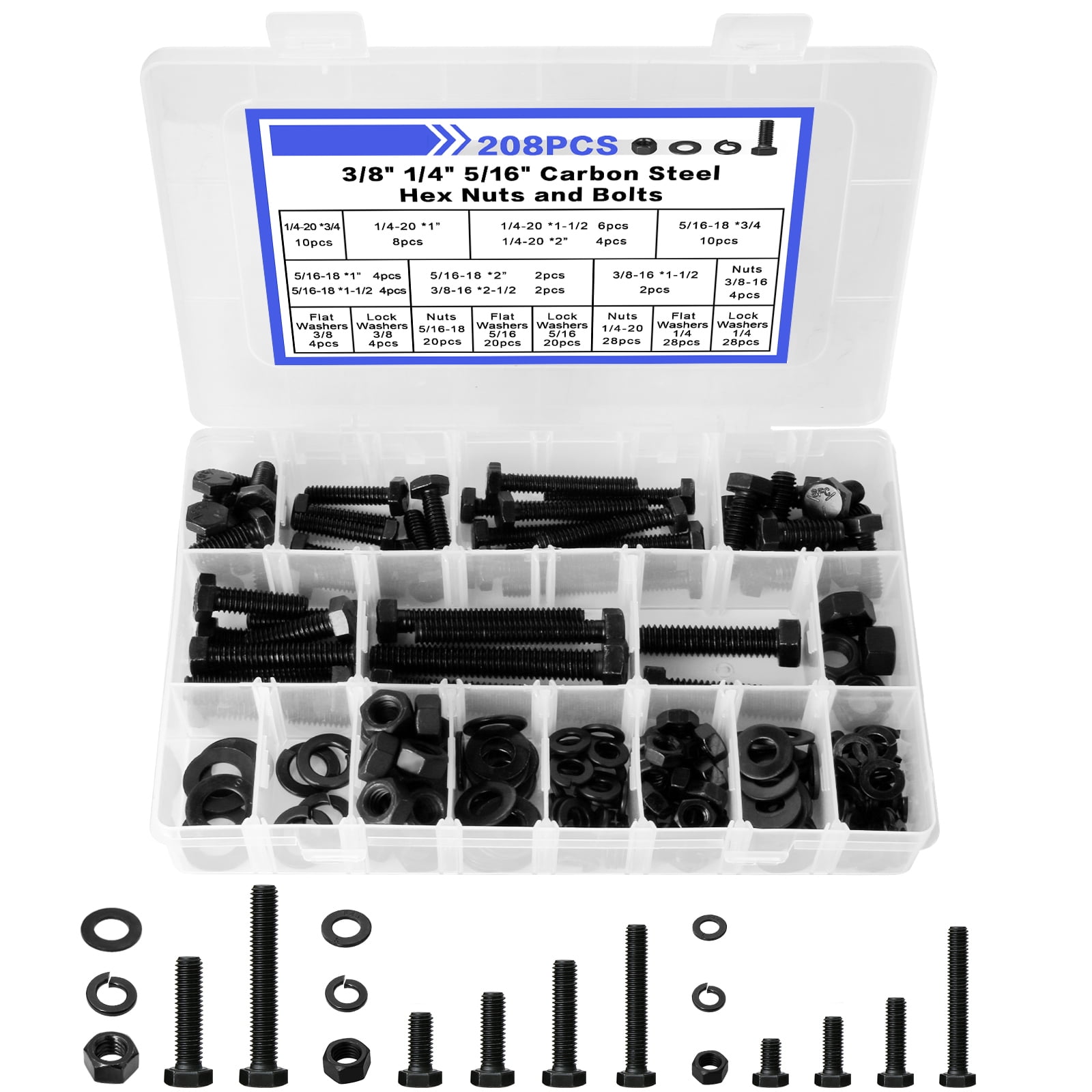 208Pcs Hex Head Nuts and Bolts Assortment Kit, 1/4-20, 5/16-18, 3/8-16 ...