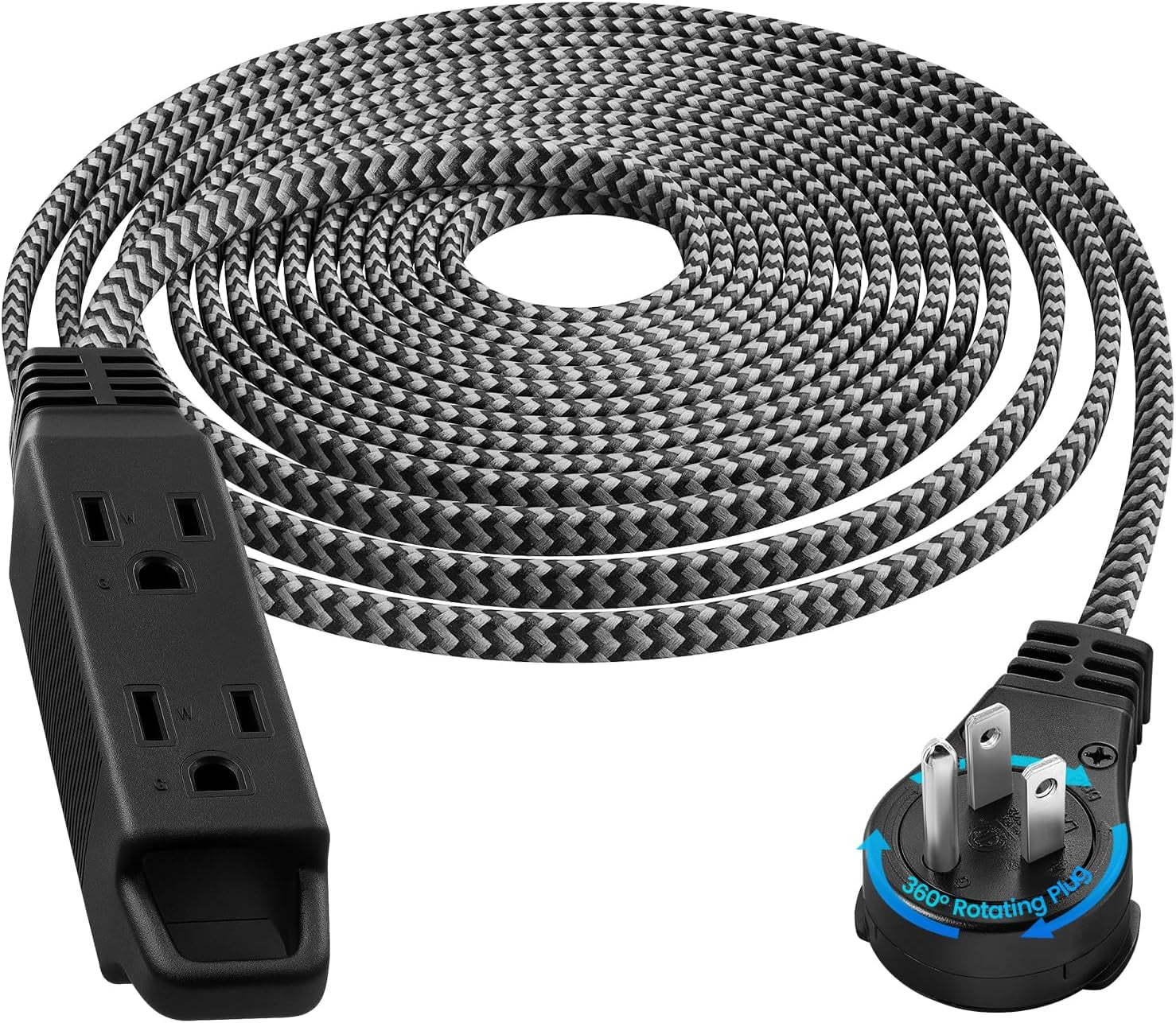 20FT 360° Rotating Flat Plug Extension Cord Flat Wall Plug with 3 ...