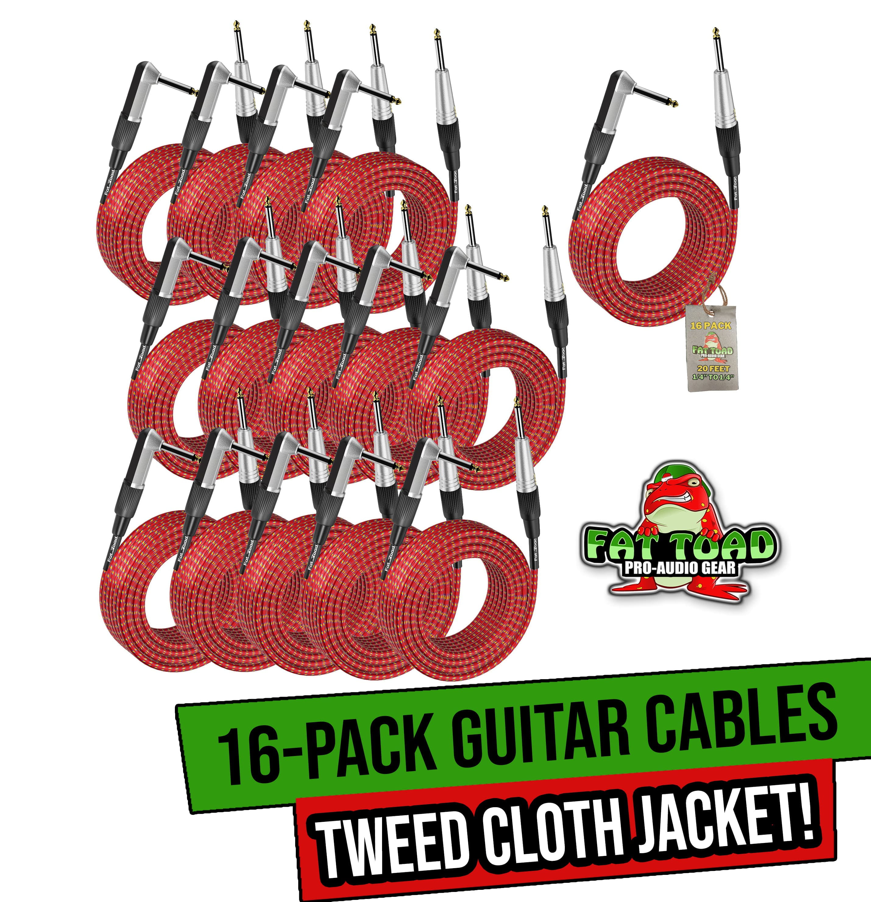 20FT Guitar Cords (16-Pack) by FAT TOAD | Right-Angle to Straight-End ...