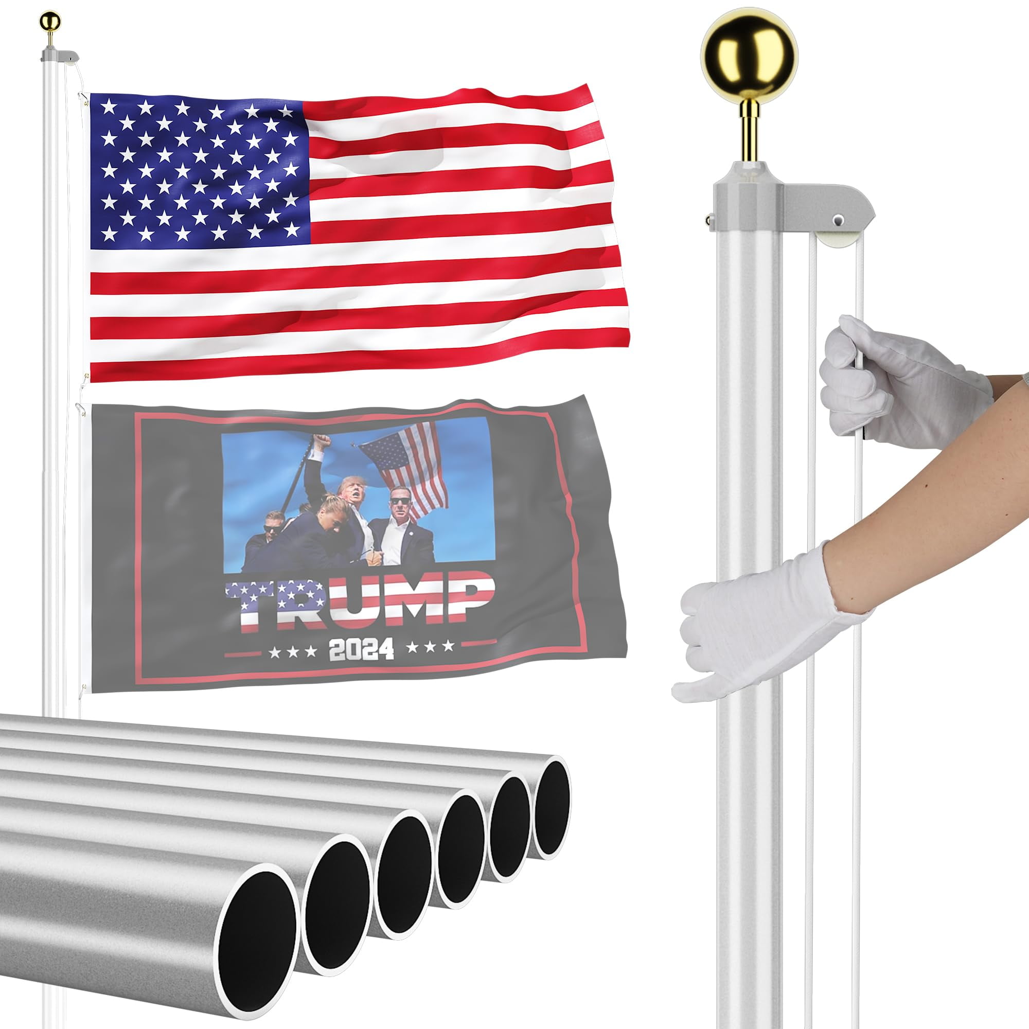 20FT Heavy-Duty Aluminum Flag Pole Kit - Inground Outdoor Flagpole with ...