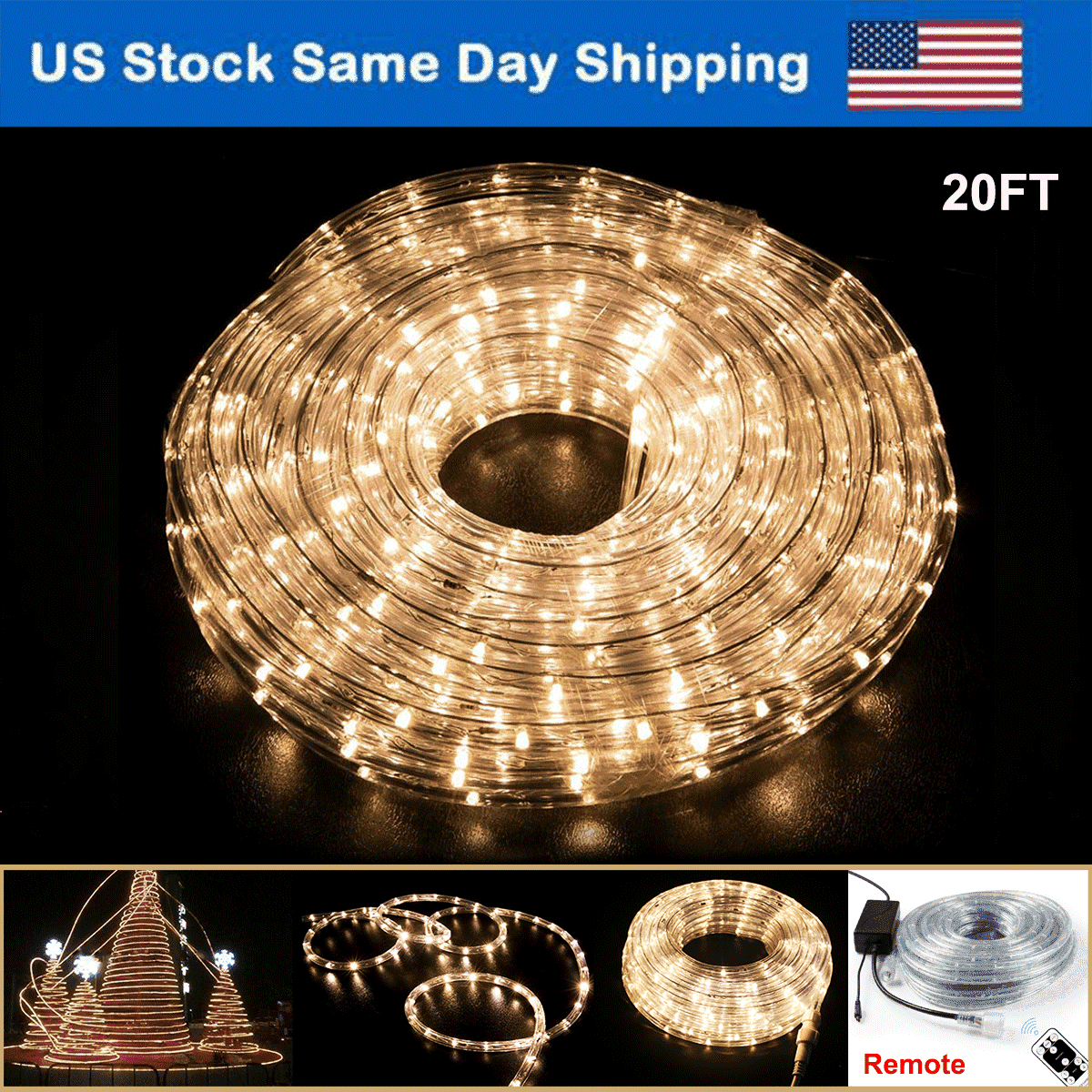 20FT LED Rope Lights Flexible Remote Light 110V Indoor Outdoor Decor ...