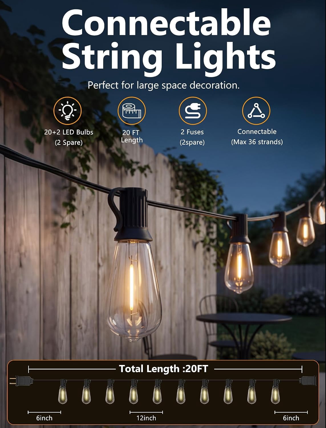 20FT Outdoor String Lights, 20 ST40 Edison LED Patio Lights - Walmart.com