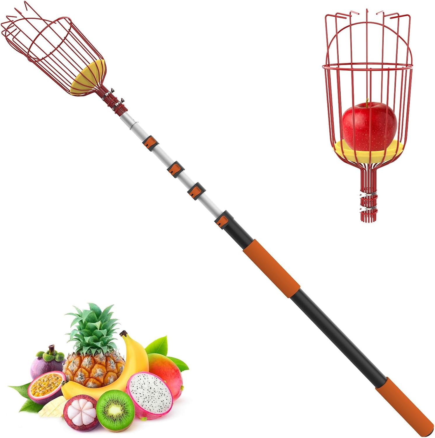 20FT Reach Fruit Picker Pole with Basket Telescoping, Apple Picker with ...