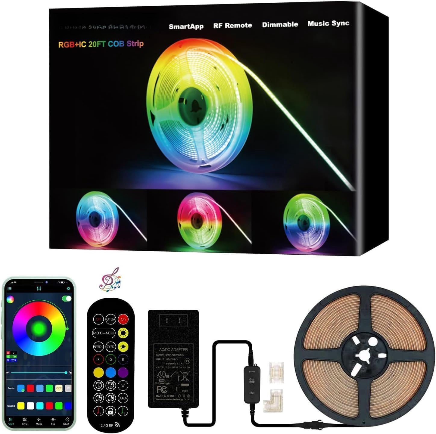 20FT Strip Lights COB IC, 24V Lights for with RF Remote App Button ...