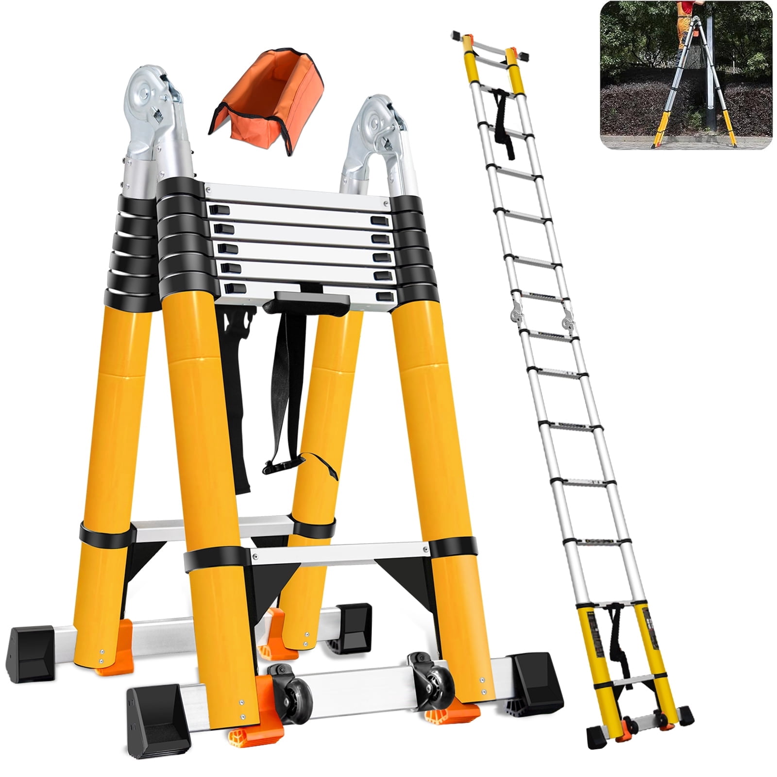 20FT Heavy Duty Telescoping Ladder w. Stabilizer, Adjustable Folding 8 ...