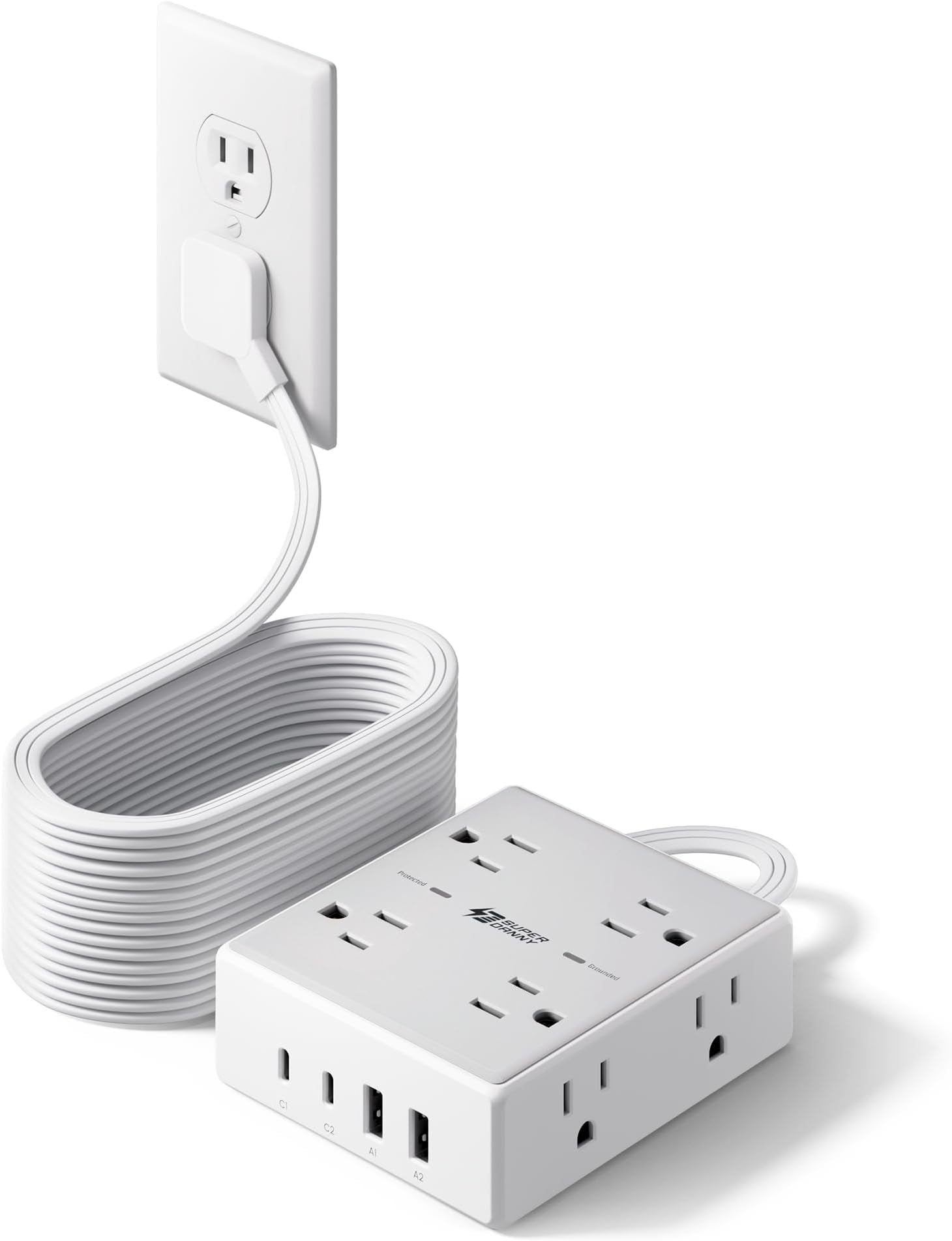 20Ft Long Extension Cord, Flat Plug Power Strip with 8 Outlets & 4 ...