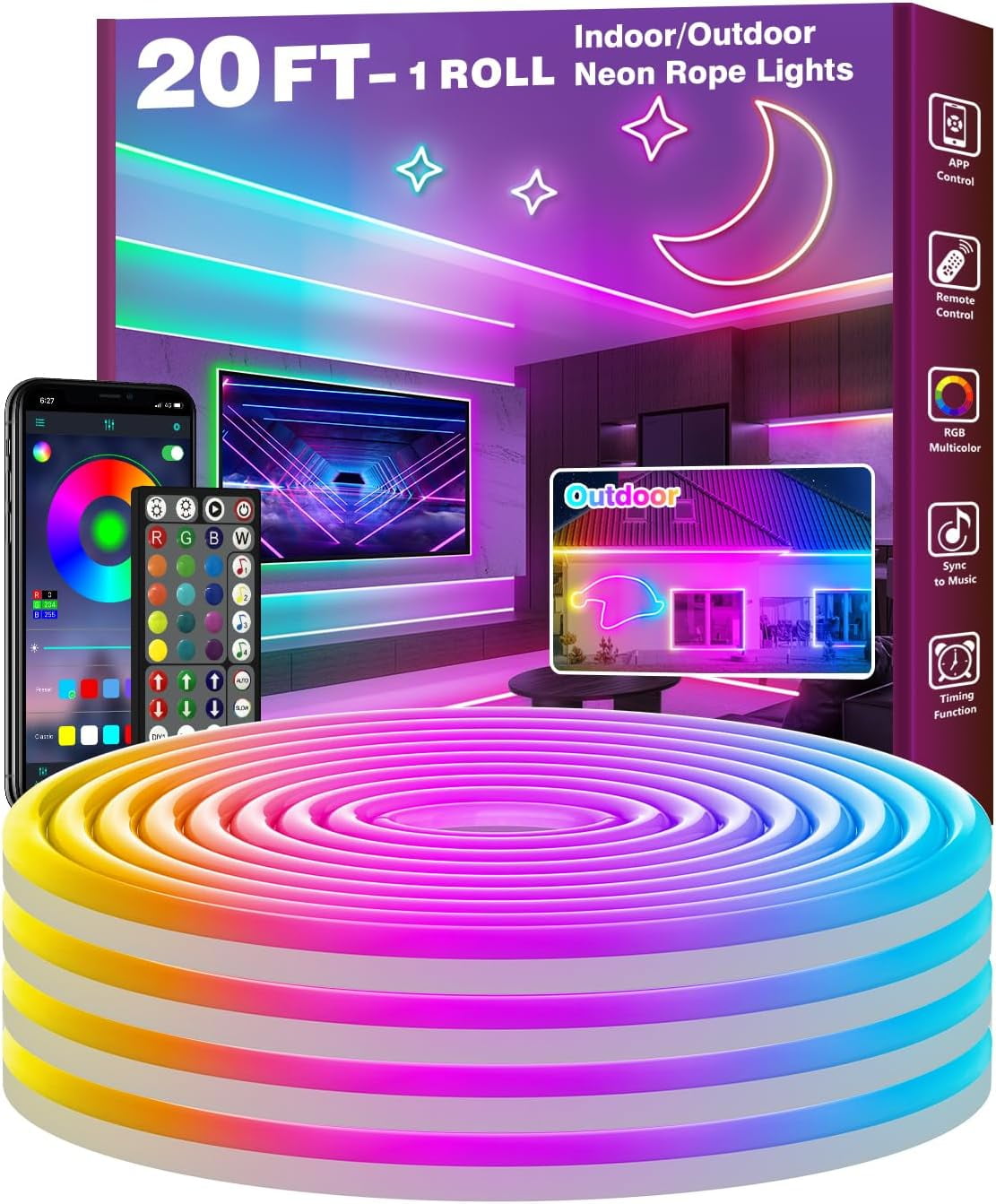 20Ft Neon Rope Lights,Flexible Led Rope Lights Control with App/Remote,Multiple Modes Rope ...