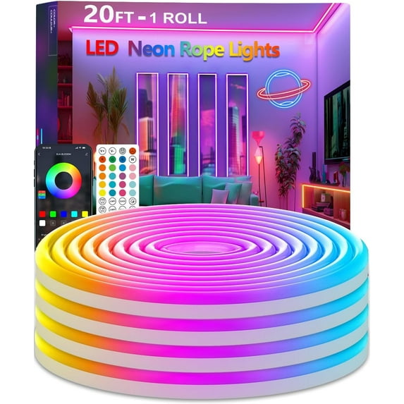 20Ft Neon Rope Lights,Flexible Led Rope Lights Control with App/Remote ...