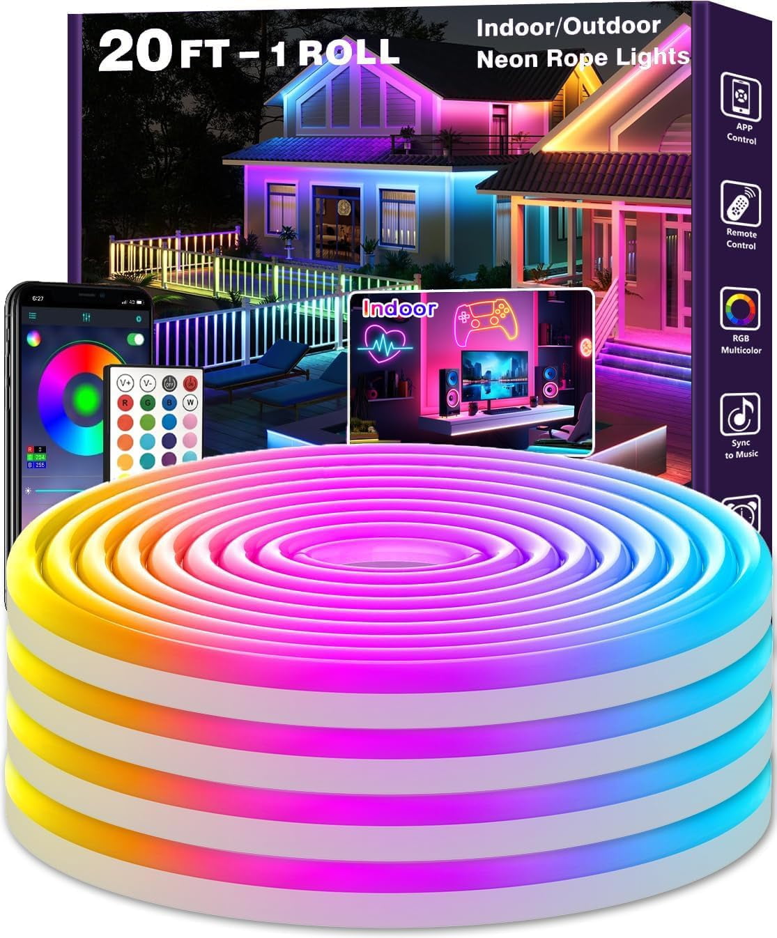 20Ft Neon Rope Lights, Flexible Strip Lights with App Remote, Outdoor ...