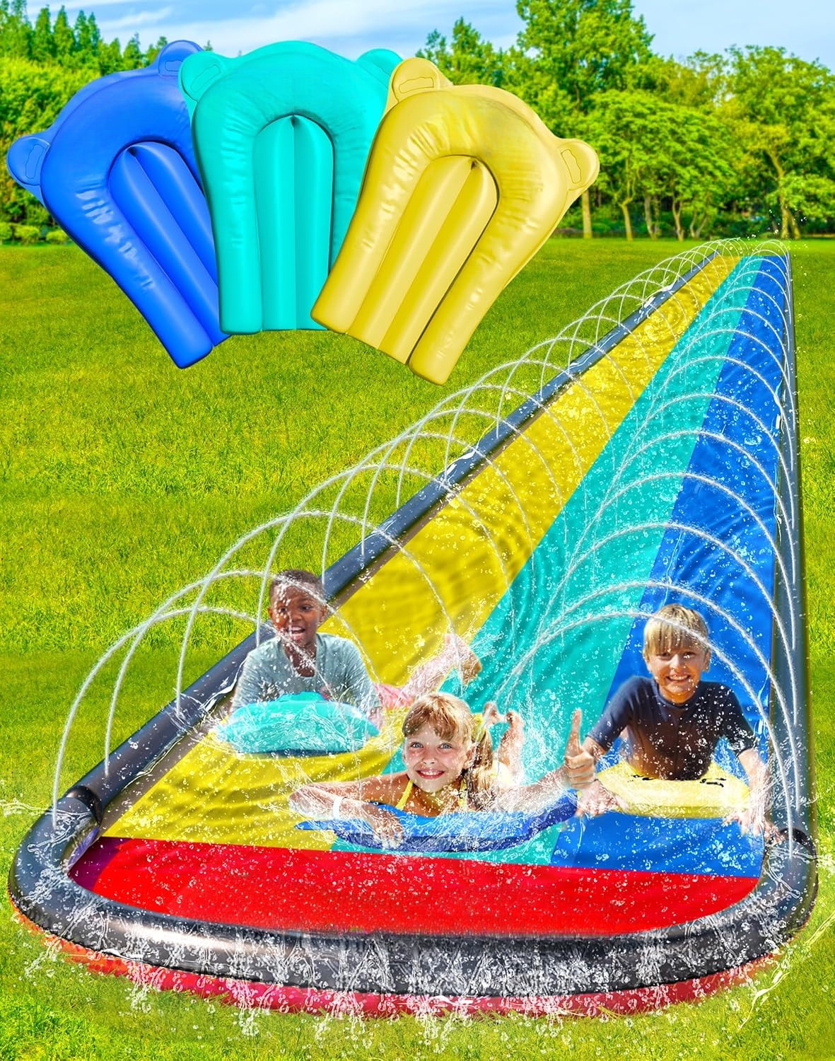 20Ft Premium 3 Lane Slip Splash and Slide with 3 Bodyboards, Heavy Duty ...