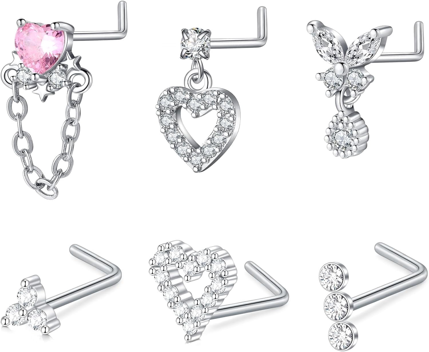 20G 18G Dangle Nose Rings Studs Stainless Steel Nose Screws CZ L Shaped ...