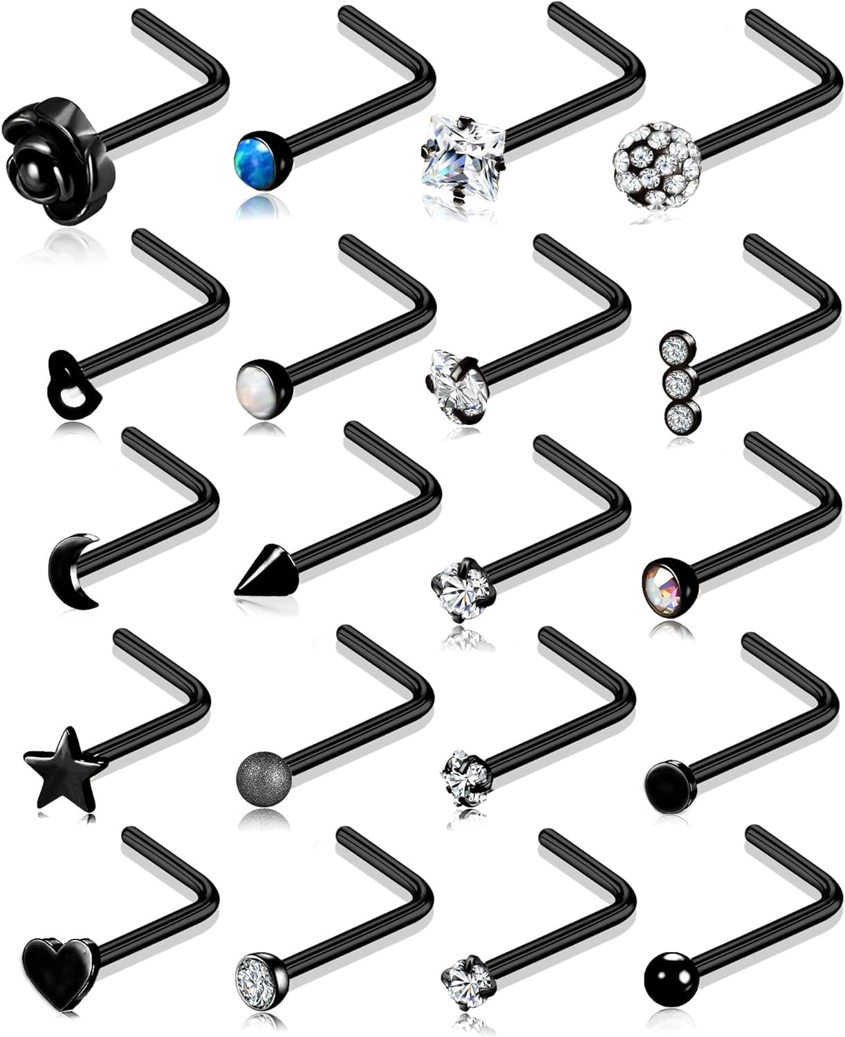 20G 20Pcs CZ Nose Ring Stud Retainer L Bone Screw Shaped Piercing ...