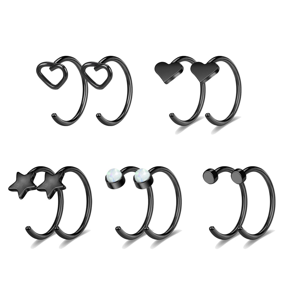 20G Black Flower Crysal Nose Ring Piercing Ball Star Heart Nostril ...