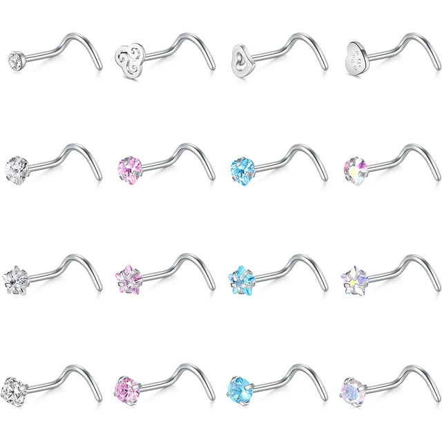 20G Corkscrew Nose Rings StudsStar Heart Round CZ Nostril Piercing ...