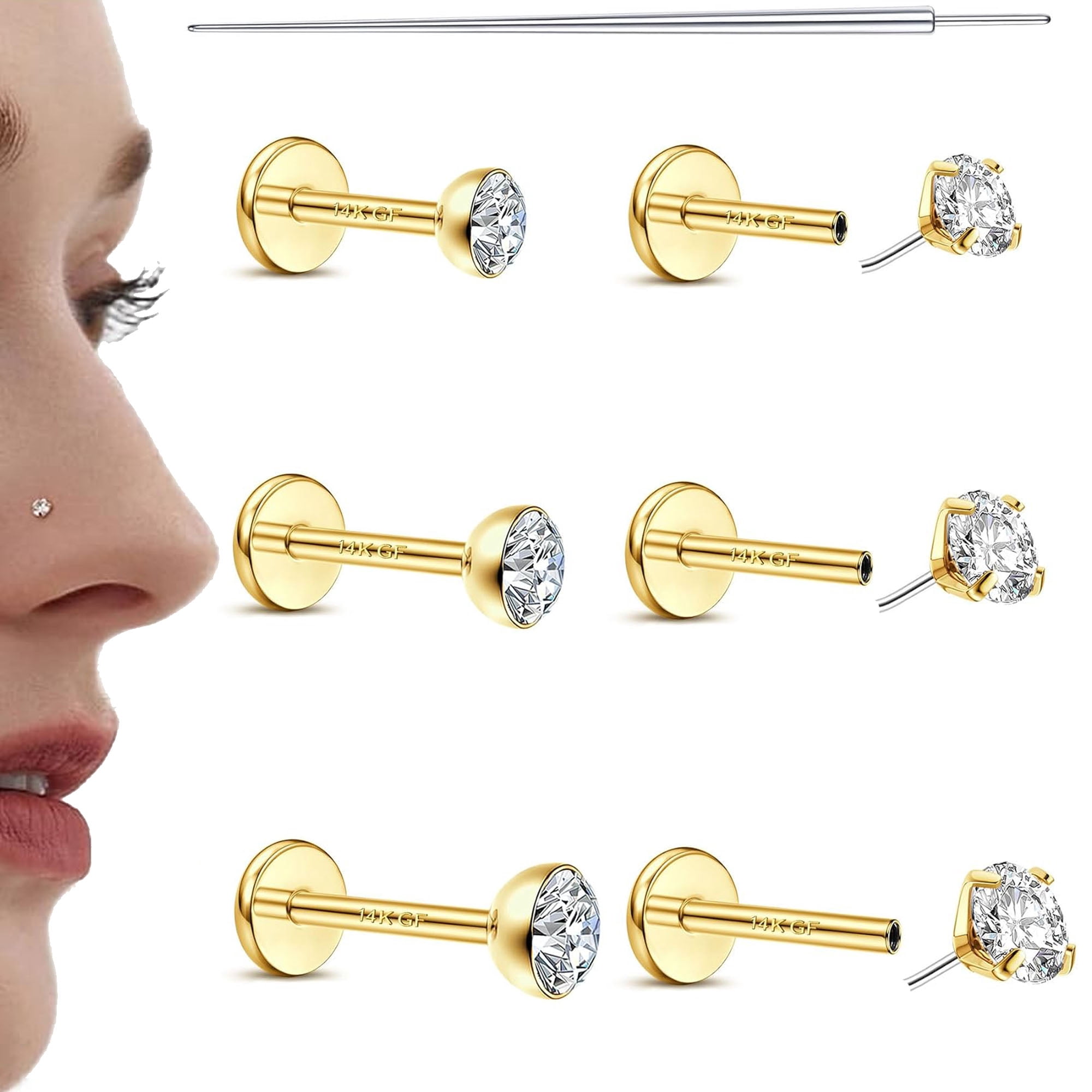 14K Gold Filled Flat Back Nose Studs For Women Men Hypoallergenic ...