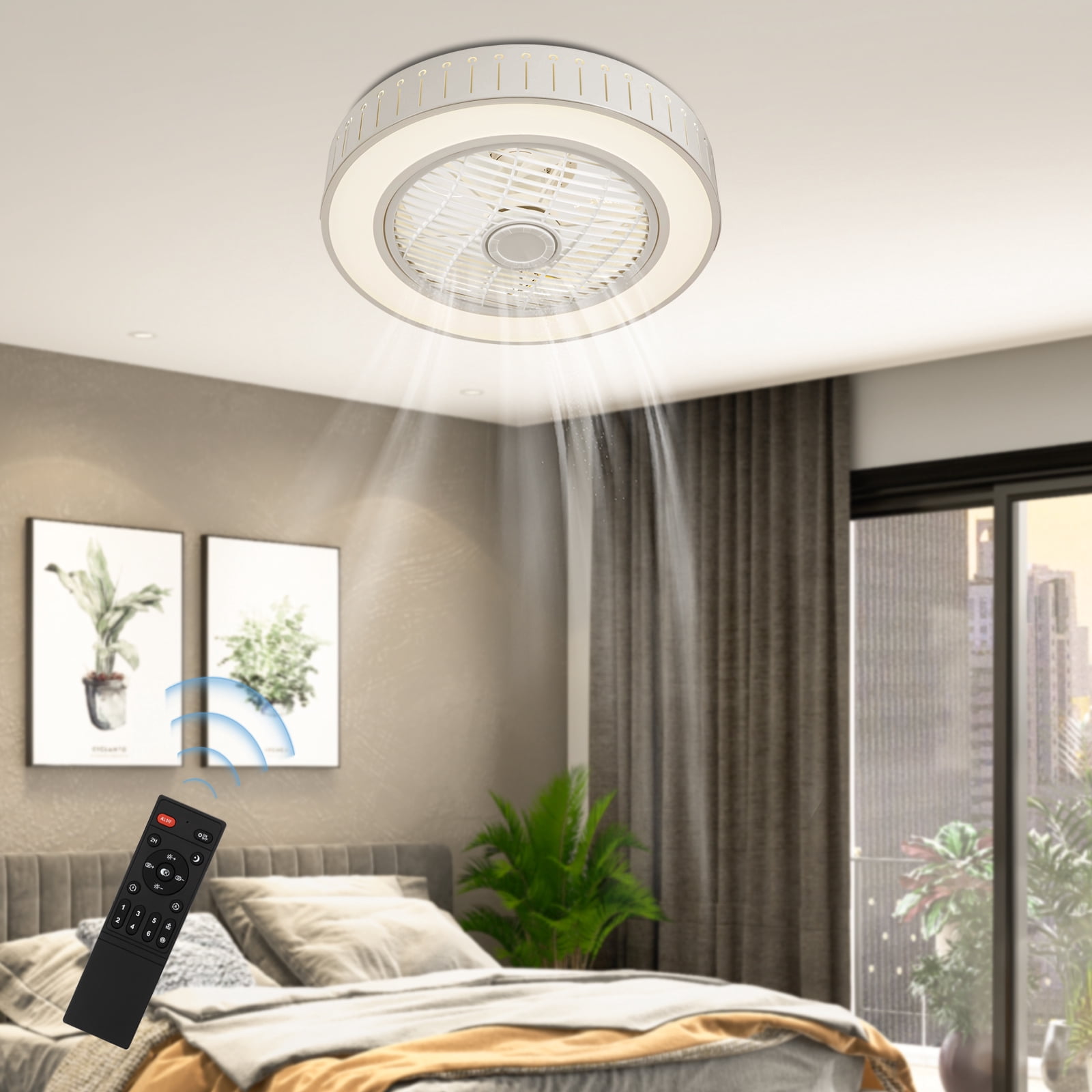 20Inch Modern Dimmable LED Invisible Blade Ceiling Fan with Remote, 6 ...