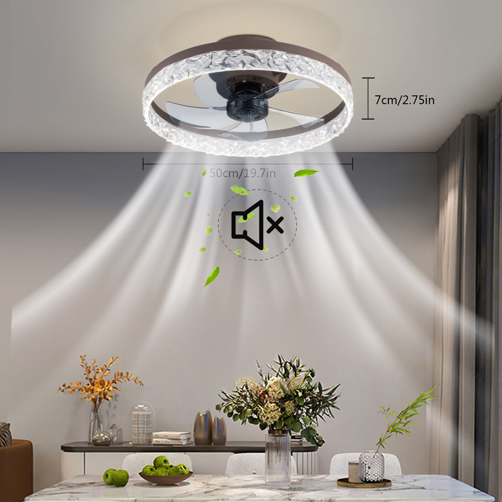 20Inch modern Round Flush-Mount ceiling fan Dimmable LED light shade 6 ...