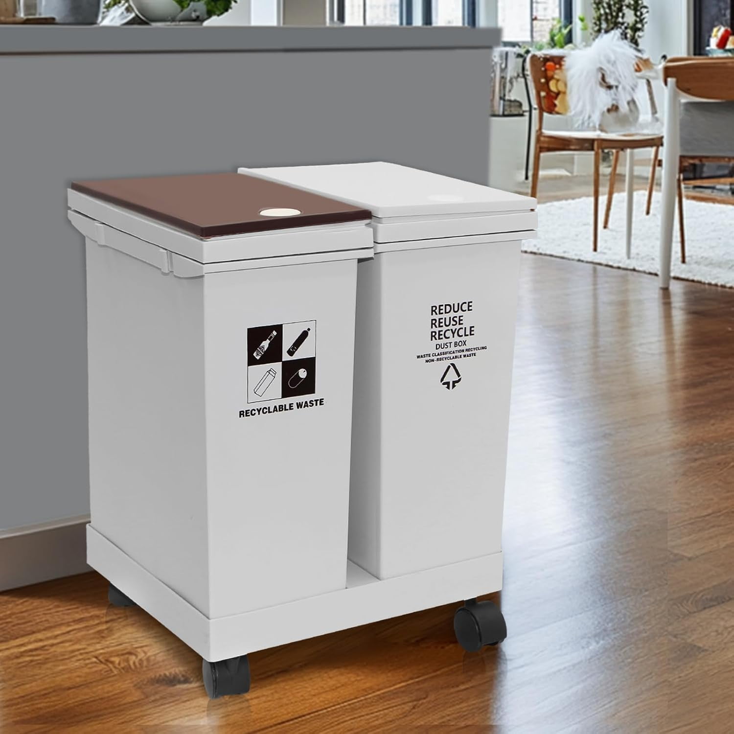 20L x 2 Compartment Trash Can with Wheels, Double Garbage Can and ...