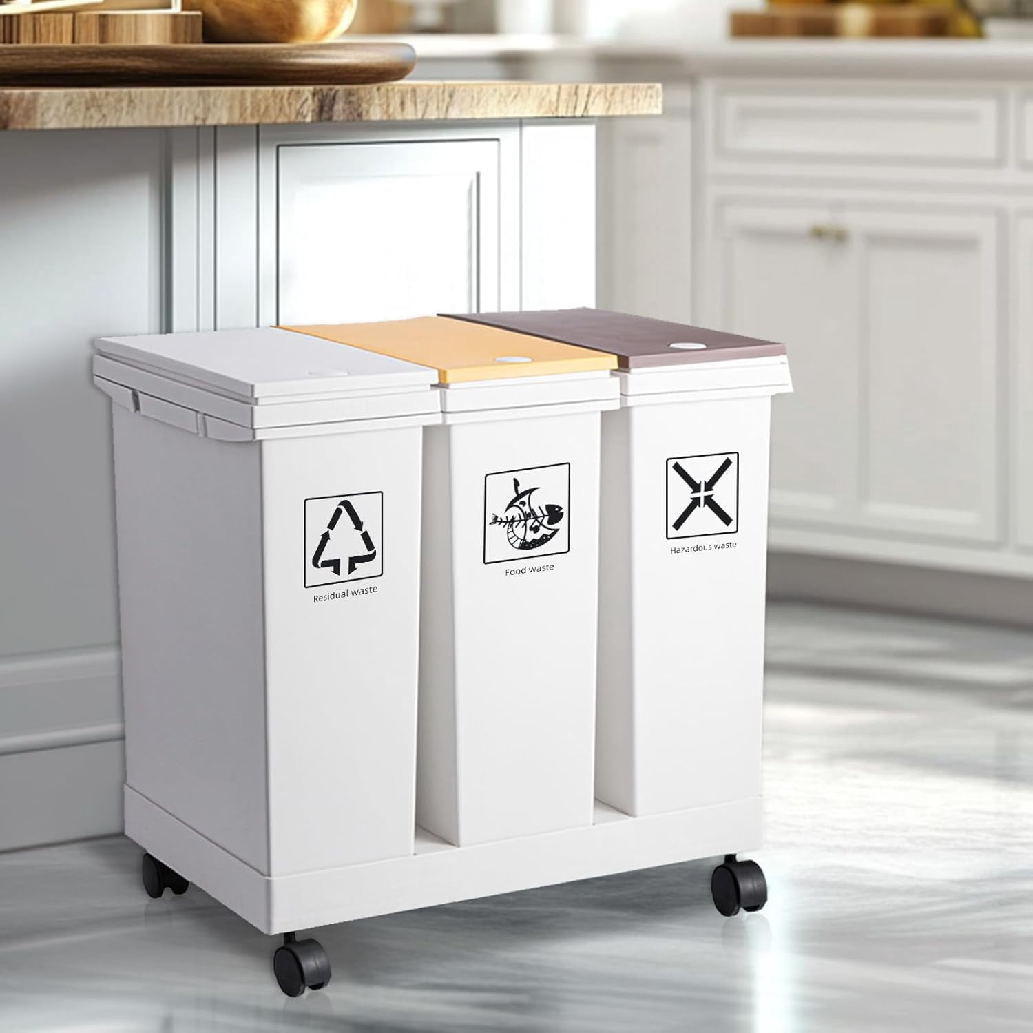 20L x 3 Compartment Trash Can with Wheels, Triple Trash Cans and ...
