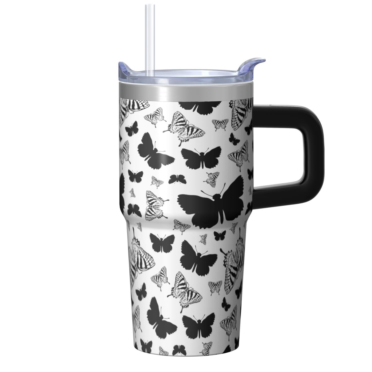 20OZ Butterfly Print Tumbler Cup with Handle Straw and Lid Flower ...