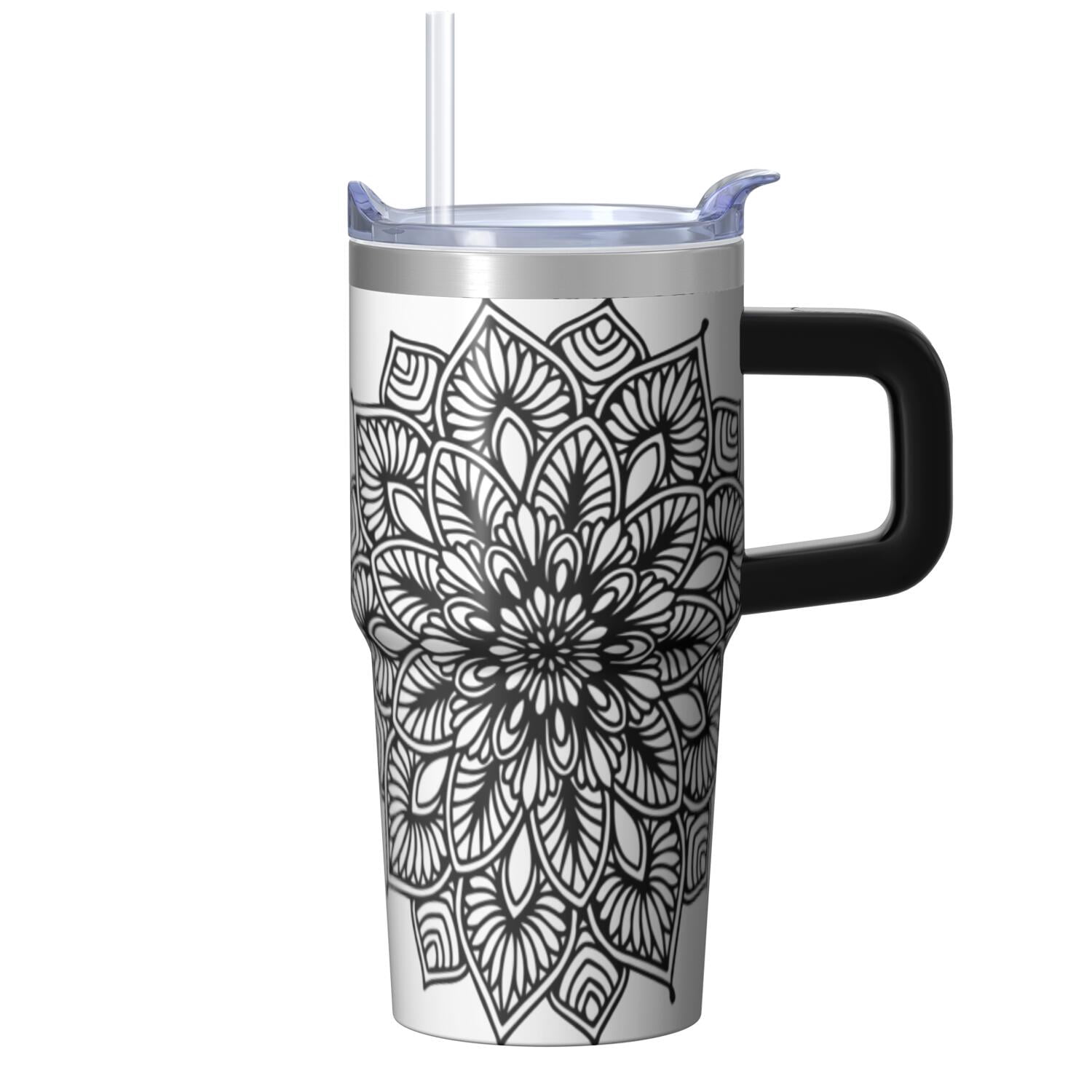 20OZ Stainless Steel Insulated Coffee Mug Black and white mandala style ...