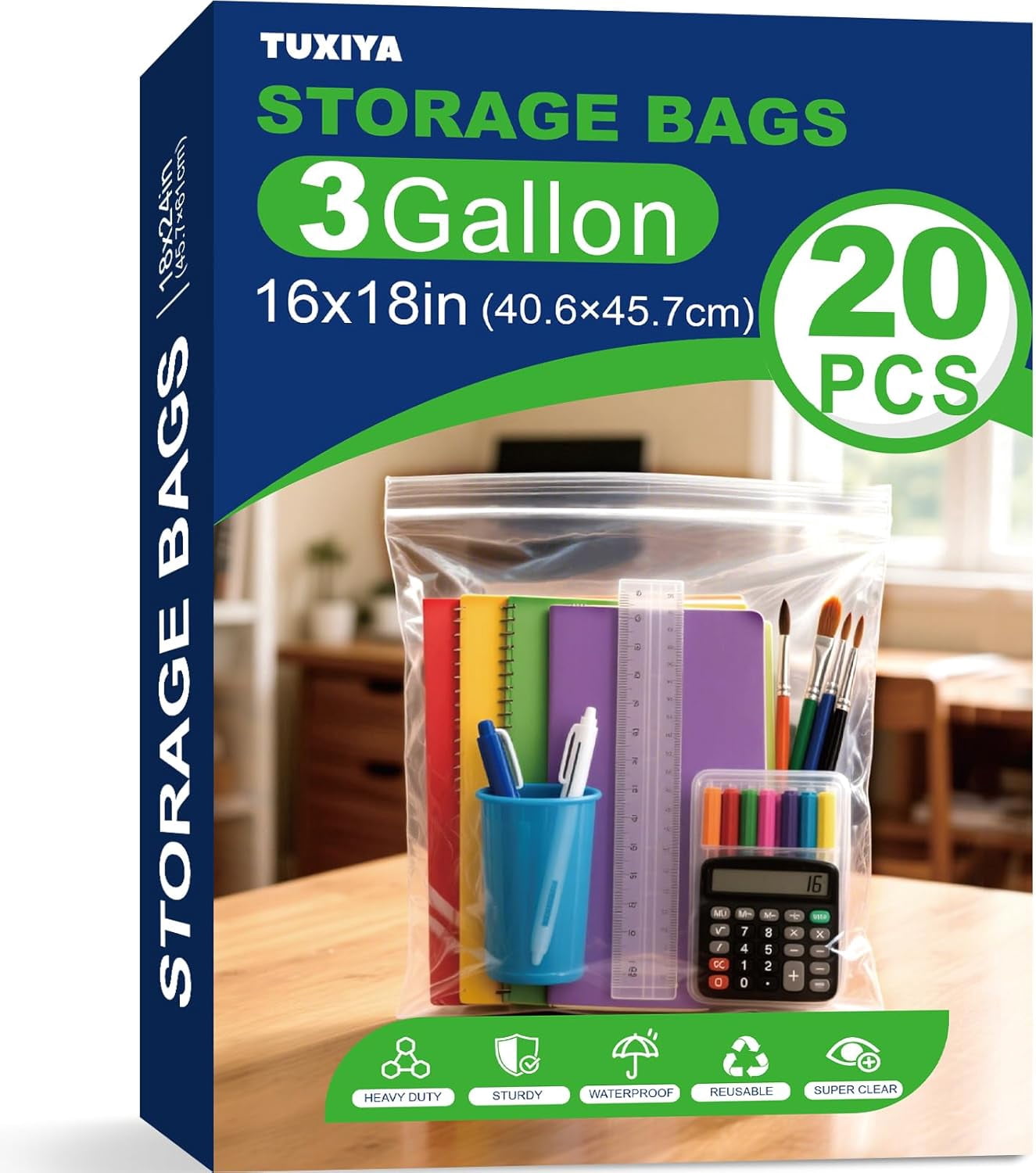 20PACK 3 Gallon Large Zipper Bags for Storage 16 x 18 Inch, Large Clear ...