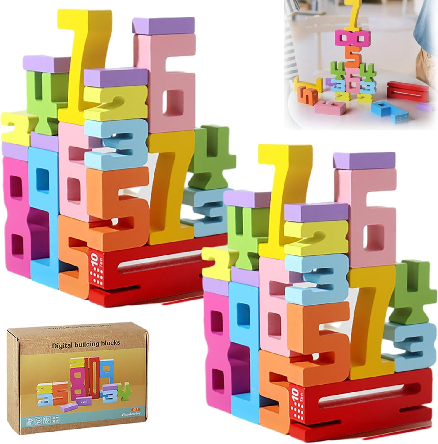 20PC Different Size Number Blocks, Montessori Wooden Number Building ...