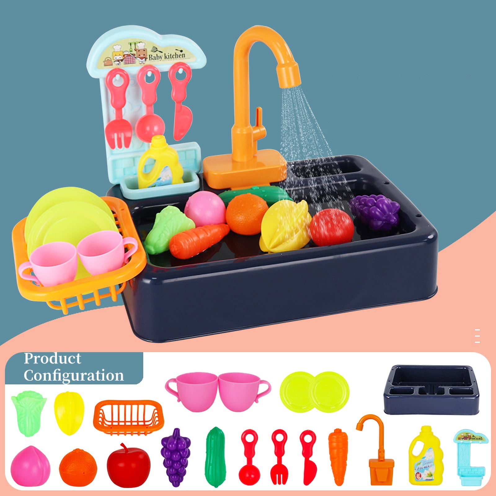 20PC Kitchen Sink Toys - Play Sink with Running Water, Kids Pretend ...