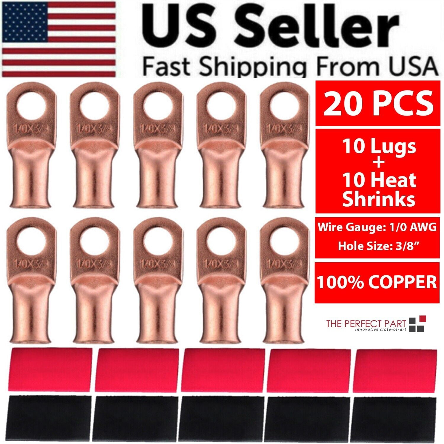 20PCS 1/0 AWG Gauge Copper Lugs W/ BLACK & RED Heat Shrink Ring ...
