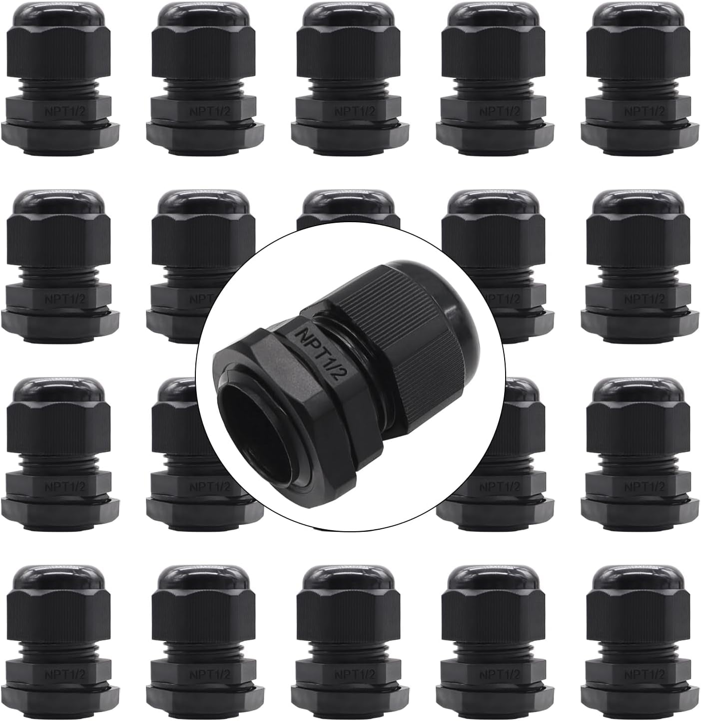 20PCS 1/2 NPT Cable Glands IP68 Waterproof Adjustable Nylon Strain Relief Cable Connectors With ...