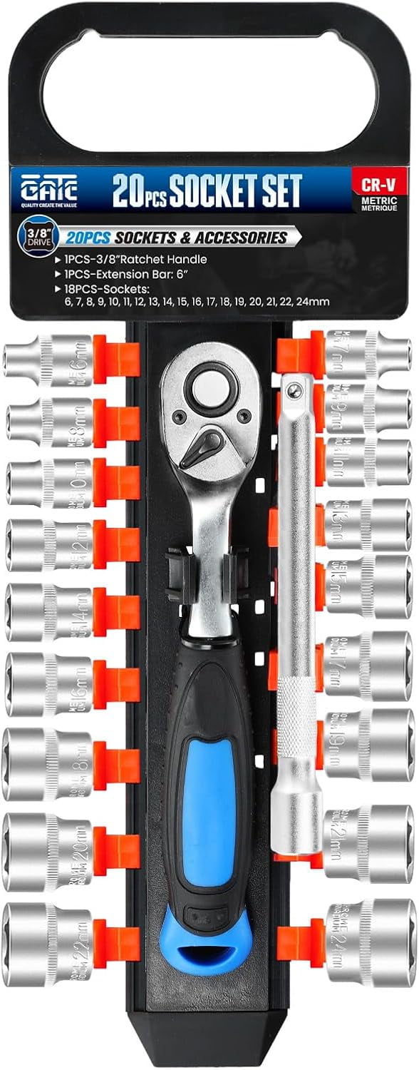 20PCS 3/8" Drive Metric Socket Wrench Set with 90-Tooth Reversible ...
