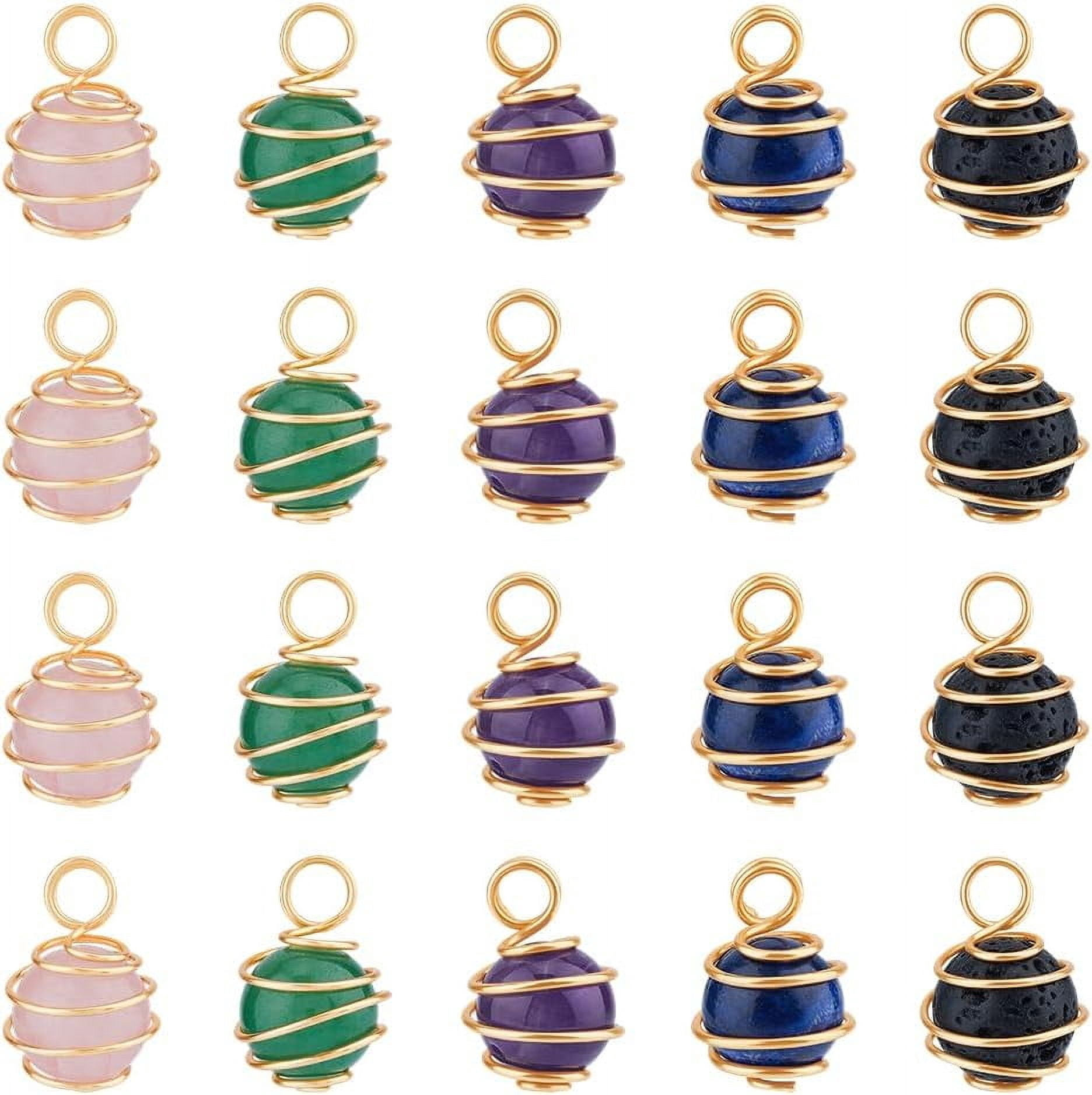 20PCS 5 Colors Copper Wire Wrapped Round Charms Stone Pendants Gemstone ...