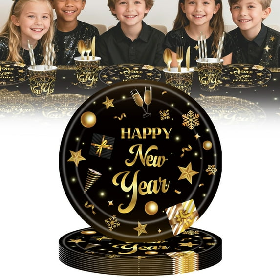 20PCS Black & Gold New Year Paper Plates – Oval Disposable Dessert ...